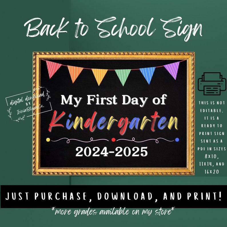 Back to School Sign First Day of Kindergarten Printable Download ...
