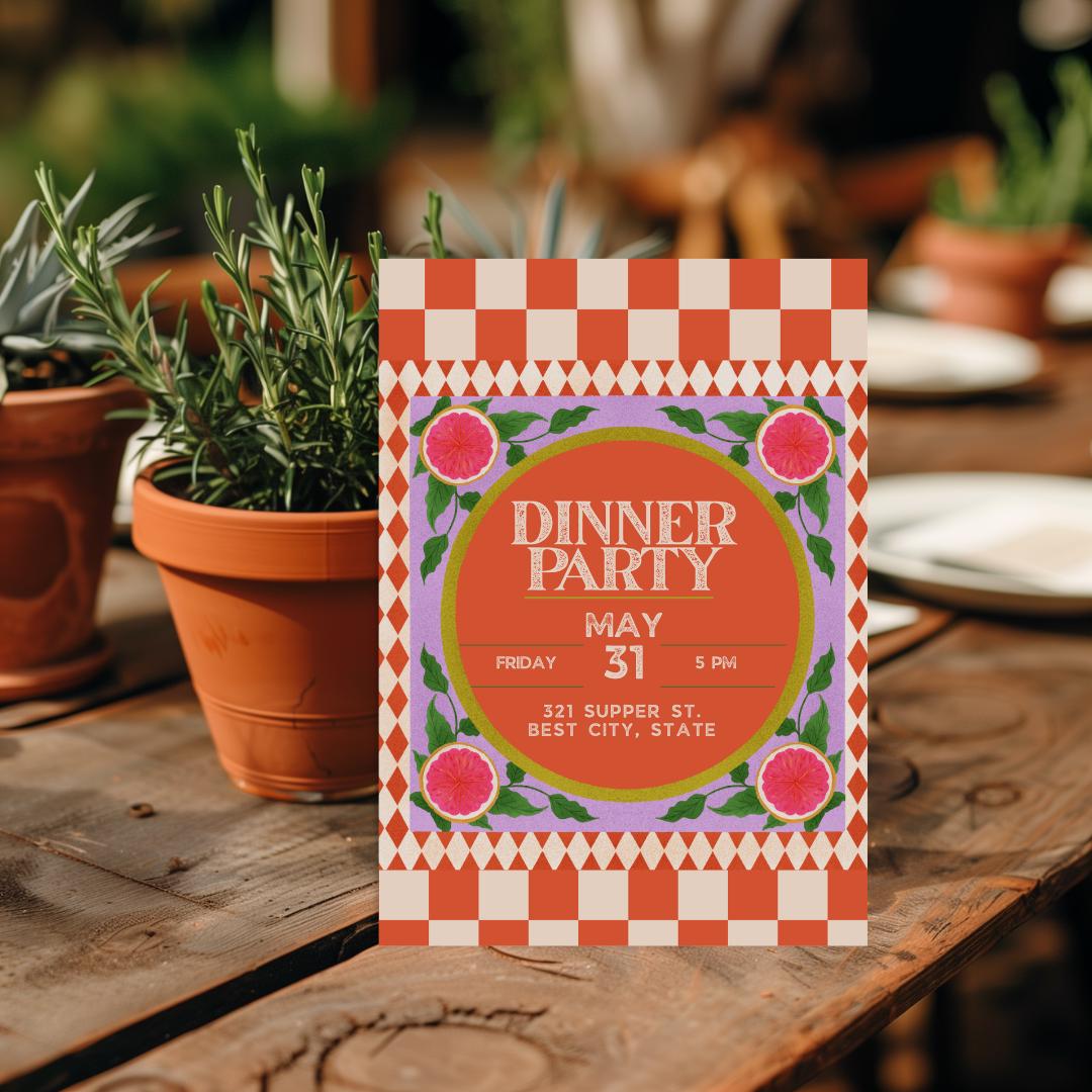 Retro Dinner Party Invitation: Checkerboard Grapefruit Design (editable ...