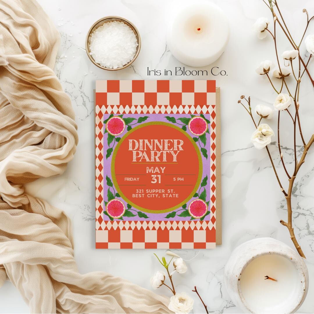 Retro Dinner Party Invitation: Checkerboard Grapefruit Design (editable ...