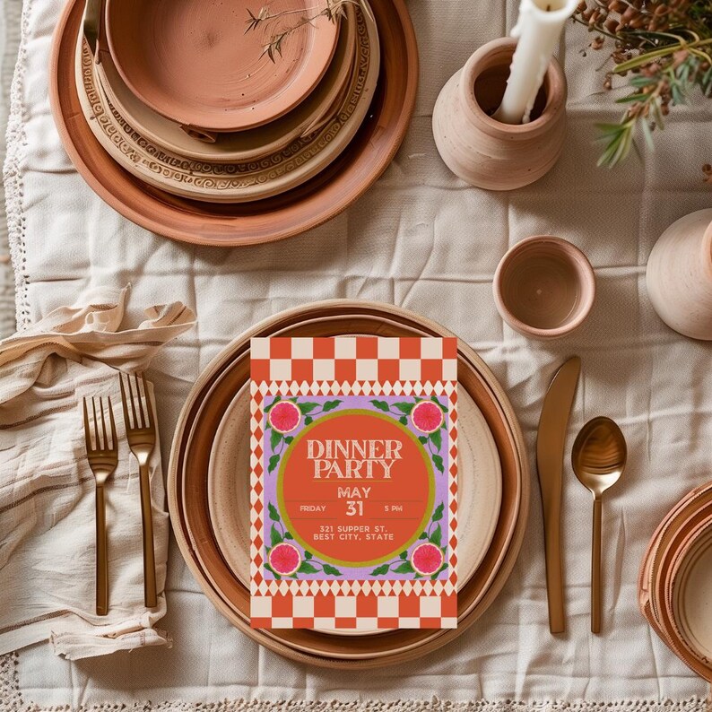 Retro Dinner Party Invitation: Checkerboard Grapefruit Design (editable ...