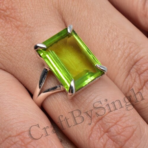 Peridot Rectangle Ring Gold Peridot Ring Emerald Cut Ring - Etsy
