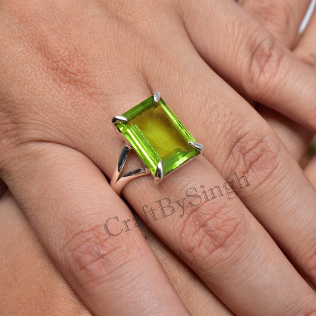 Peridot Ring, 18k Gold Filled , 925 Sterling Silver, Rectangle Green ...
