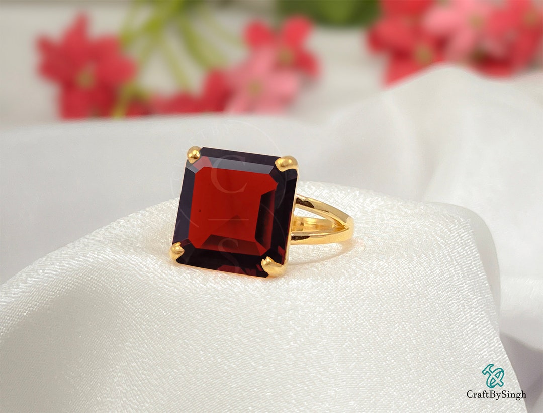Square Cut Garnet Handcrafted Ring, 925 Sterling Silver, 14k Gold ...