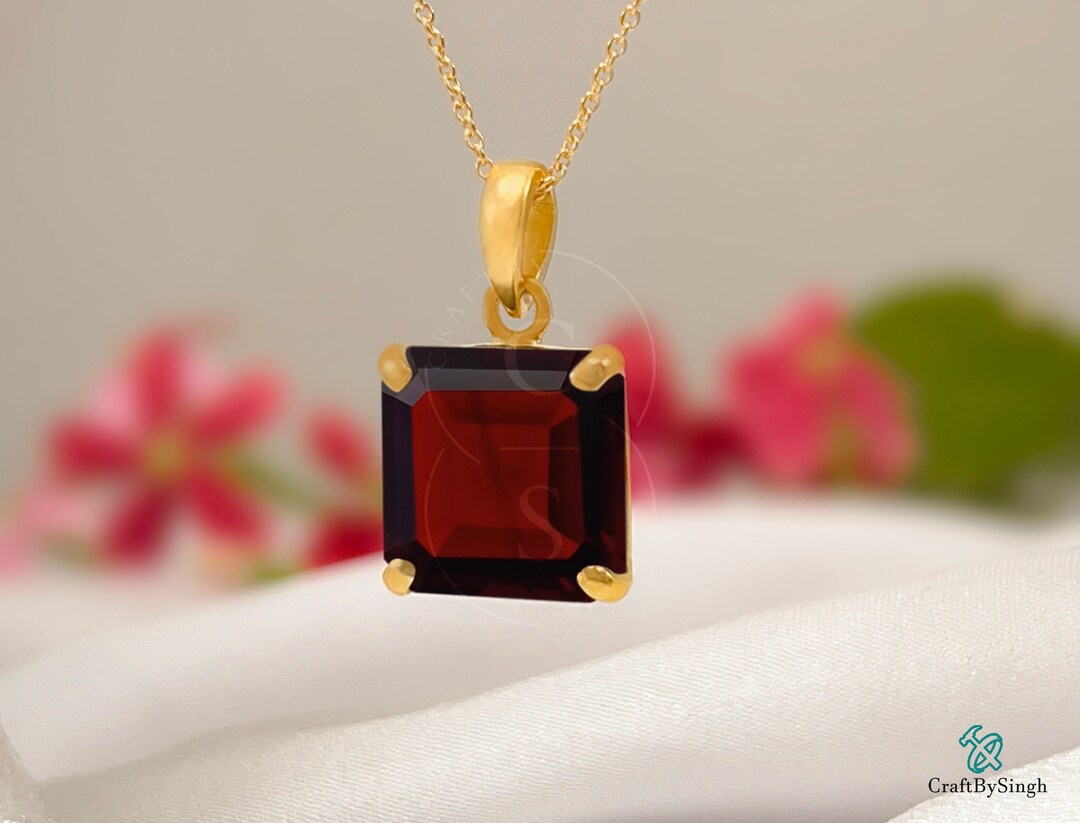 Square Garnet Necklace, 16mm Square Garnet Pendant Necklace, 925 Silver ...