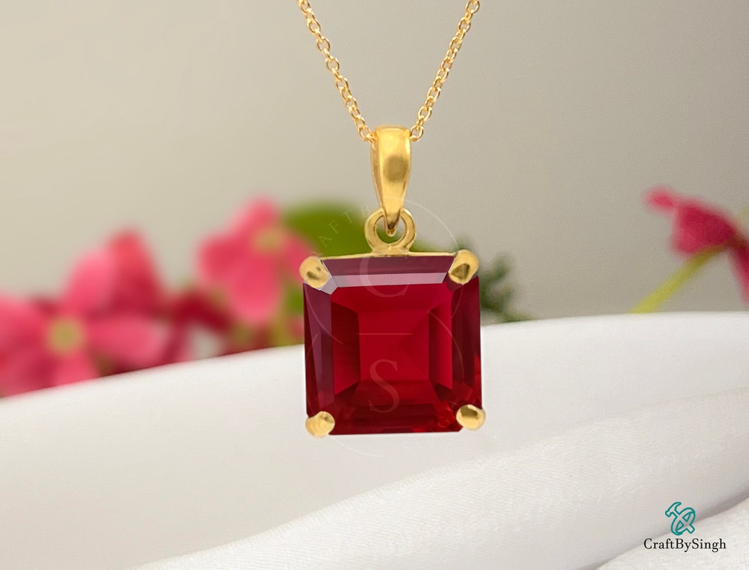 Statement Ruby Necklace 925 Sterling Silver, Red Ruby 16mm Square 14k ...