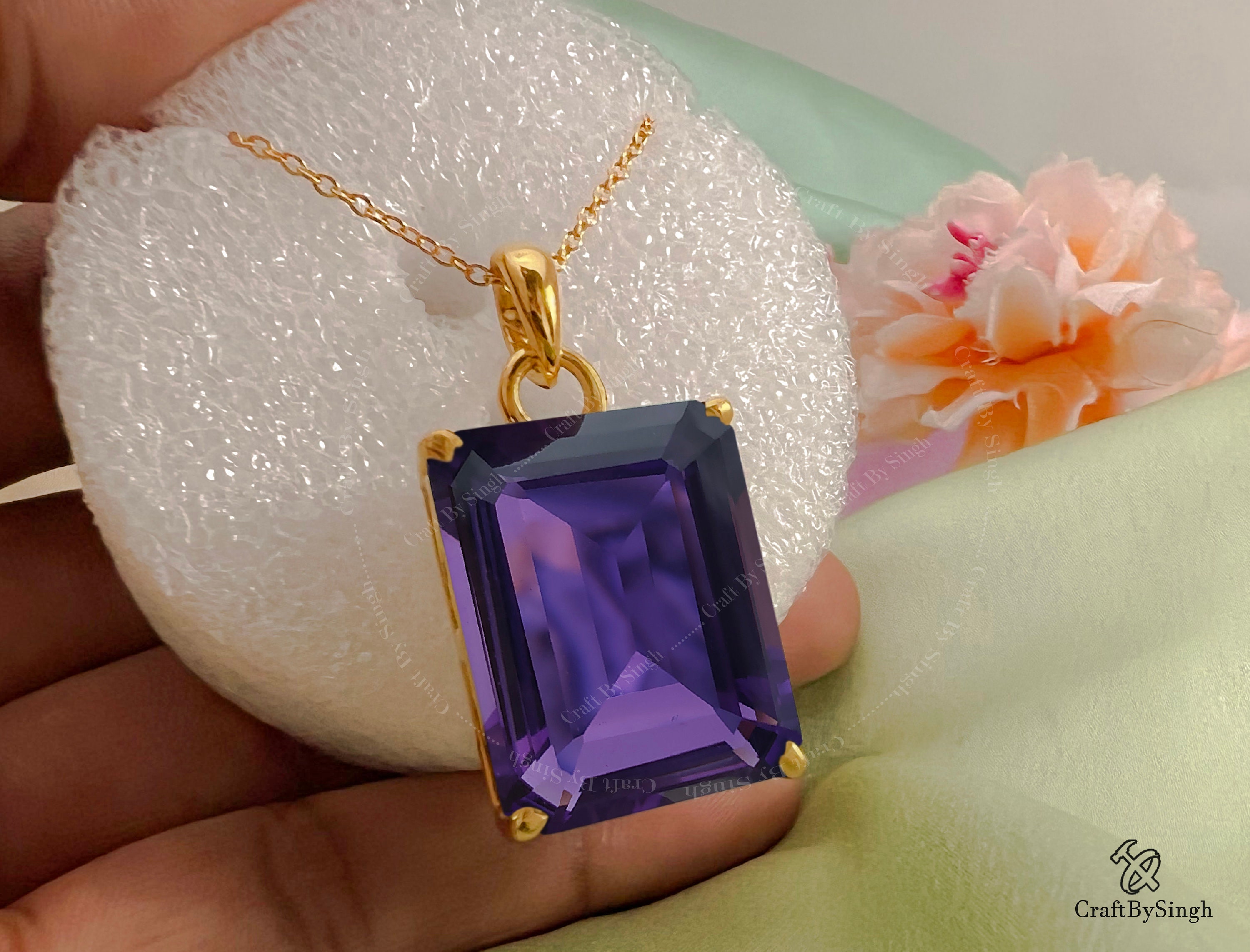 Large Amethyst Pendant, 14k Gold or Silver Women Necklace, Emerlad Cut ...