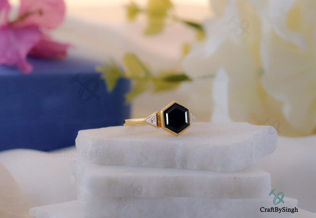 Black Onyx Hexagon 8 Mm Ring, Onyx With AAA Triangle Diamond Stone Ring ...