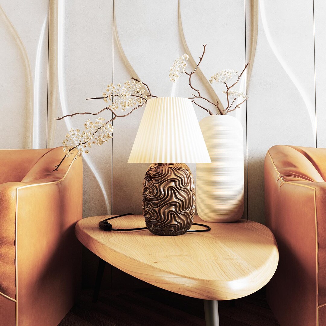 Rustic Lines Table Lamp With Wooden Base and Plastic Lampshade ...