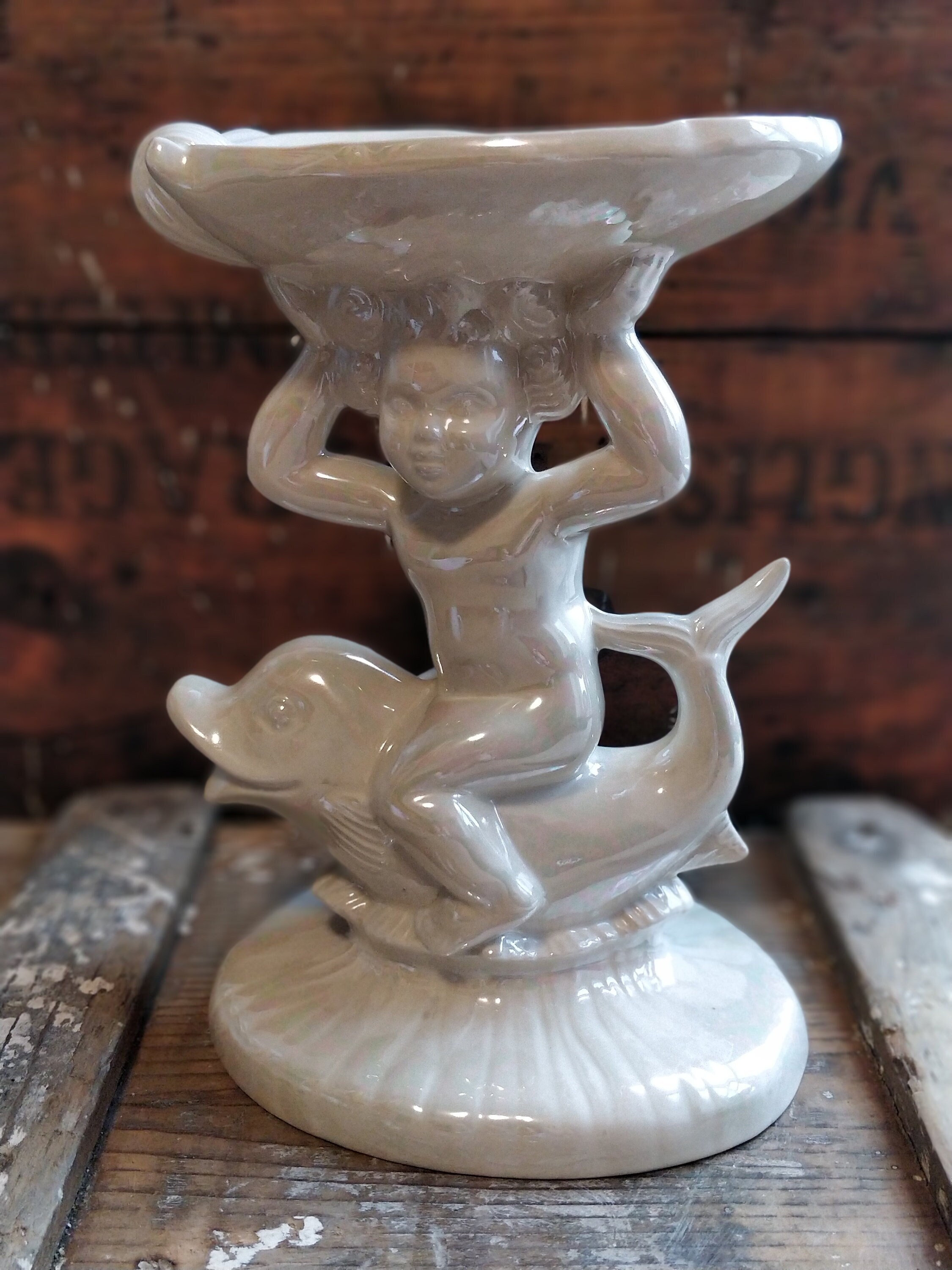 Vintage Ceramic Iridescent Cherub Riding a Dolphin Soap dish w/2 ...
