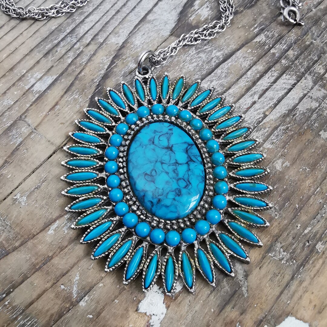 Boho Turquoise Colour Oval Sunburst Pendant With Sterling - Etsy