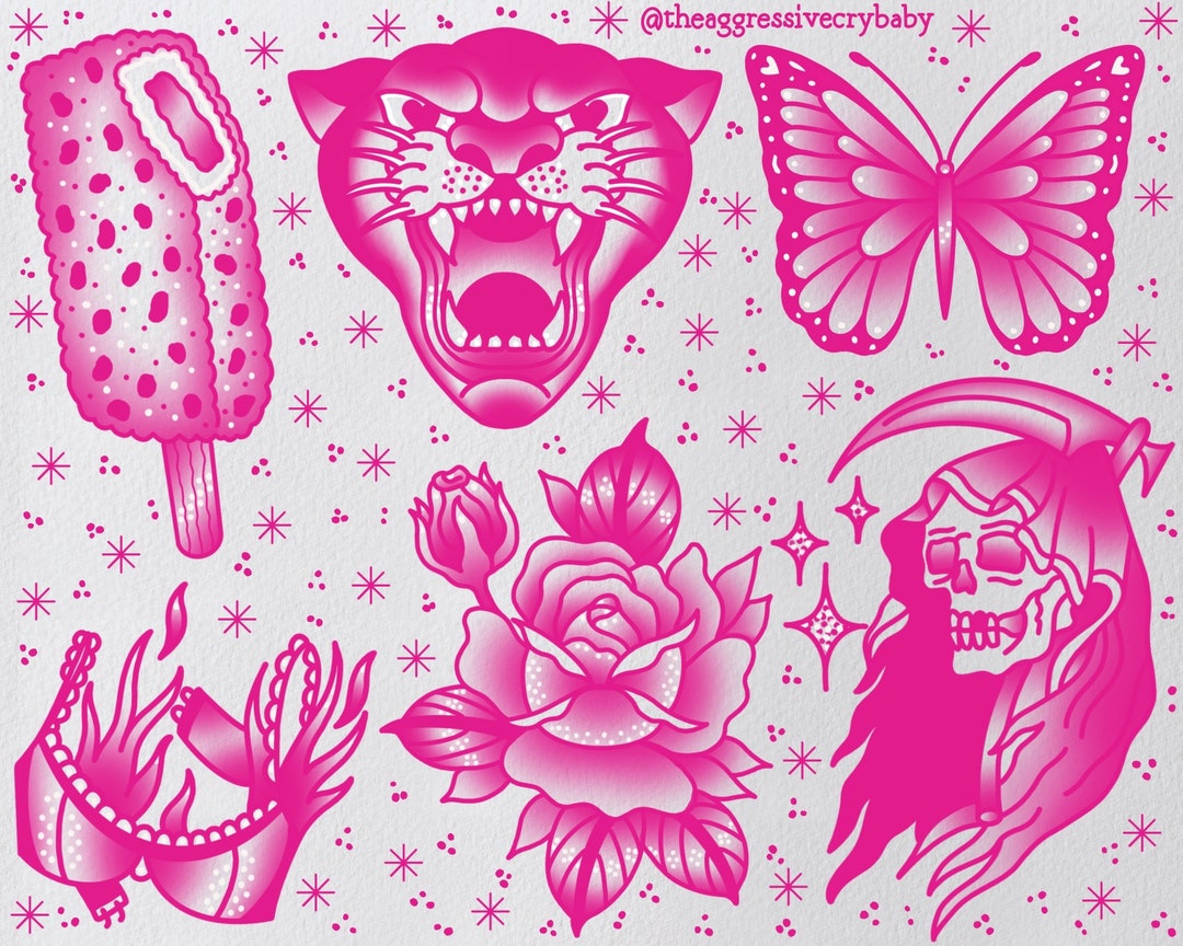 Pink Traditional Tattoo Flash Sheet Art Print - Etsy