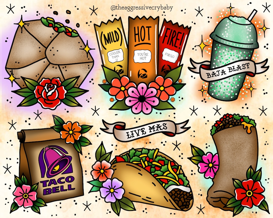 Taco Traditional Tattoo Flash Sheet Art Print - Etsy