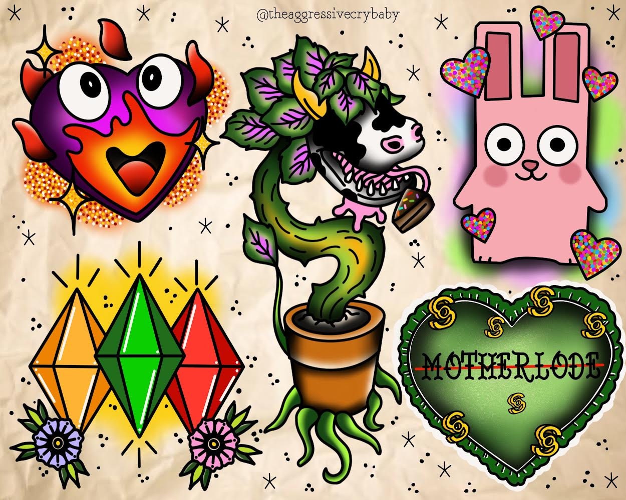 The Sims Traditional Tattoo Flash Sheet Art Print - Etsy