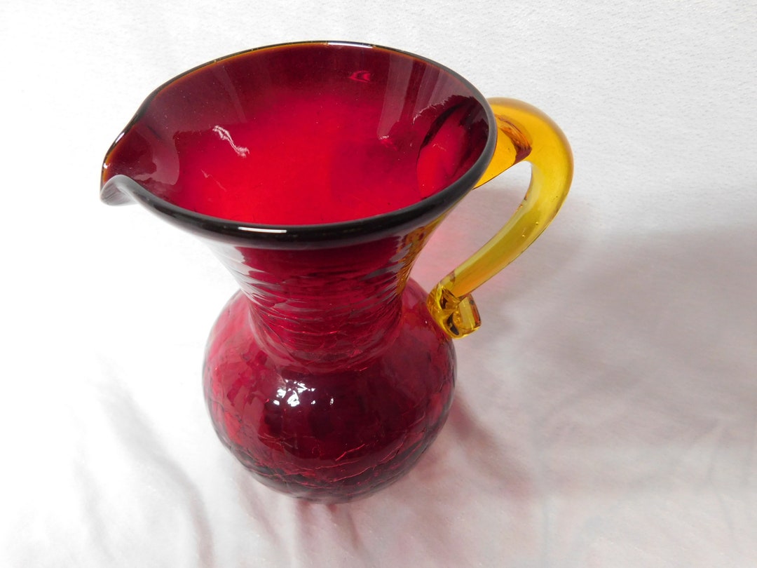 Red Rainbow Crackle Glass Pitcher Applied Yellow Handle 5 Inch - Etsy