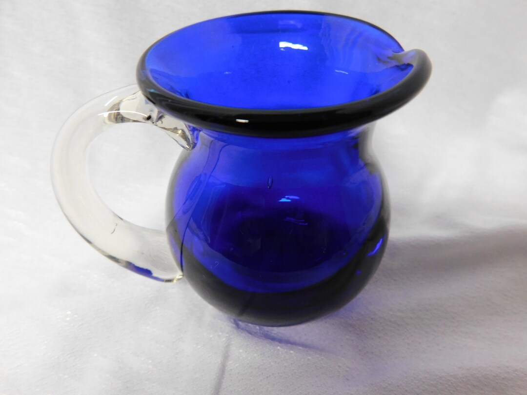Small Cobalt Blue Art Glass Pitcher Creamer With Clear Handle - Etsy