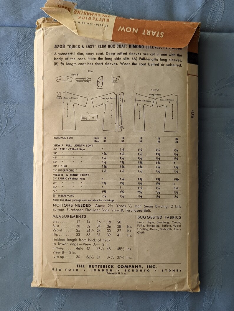 Butterick 5703 Vintage Sewing Pattern From 1950's Size 14 Bust 32" Slim ...