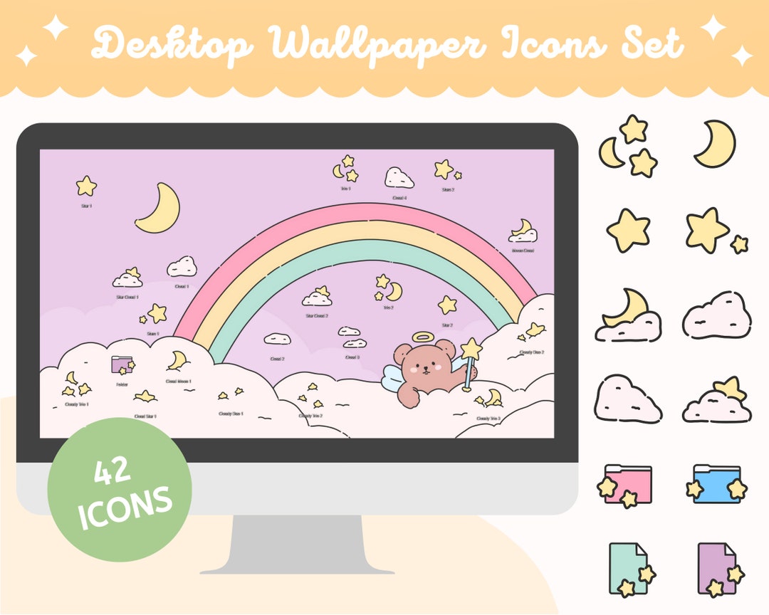 Pastel Rainbow Angel Bear Desktop Wallpaper & Folder Icons (digital ...