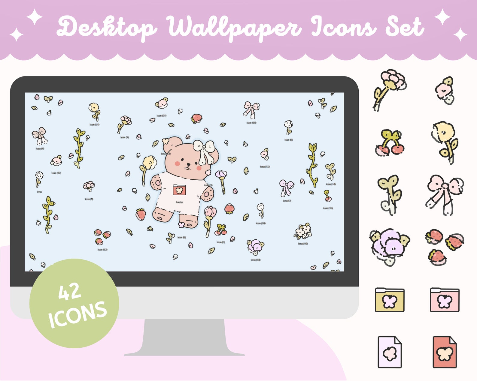 Cute Bear Desktop Wallpaper – Flower Pond Theme, 42 Icons (digital ...