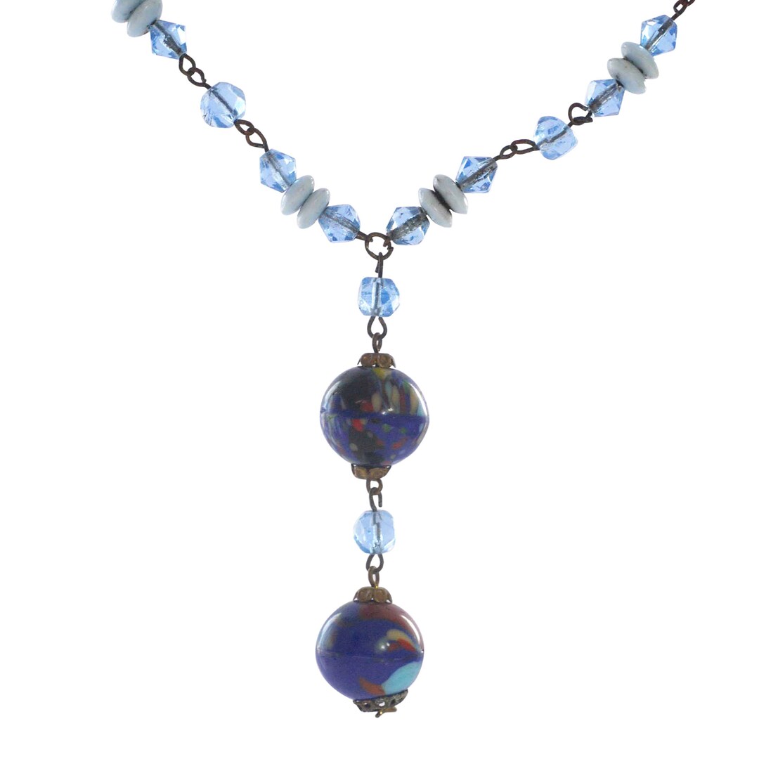 1930’s Italian Handblown Glass+ Crystal Blue Bead Necklet - Etsy