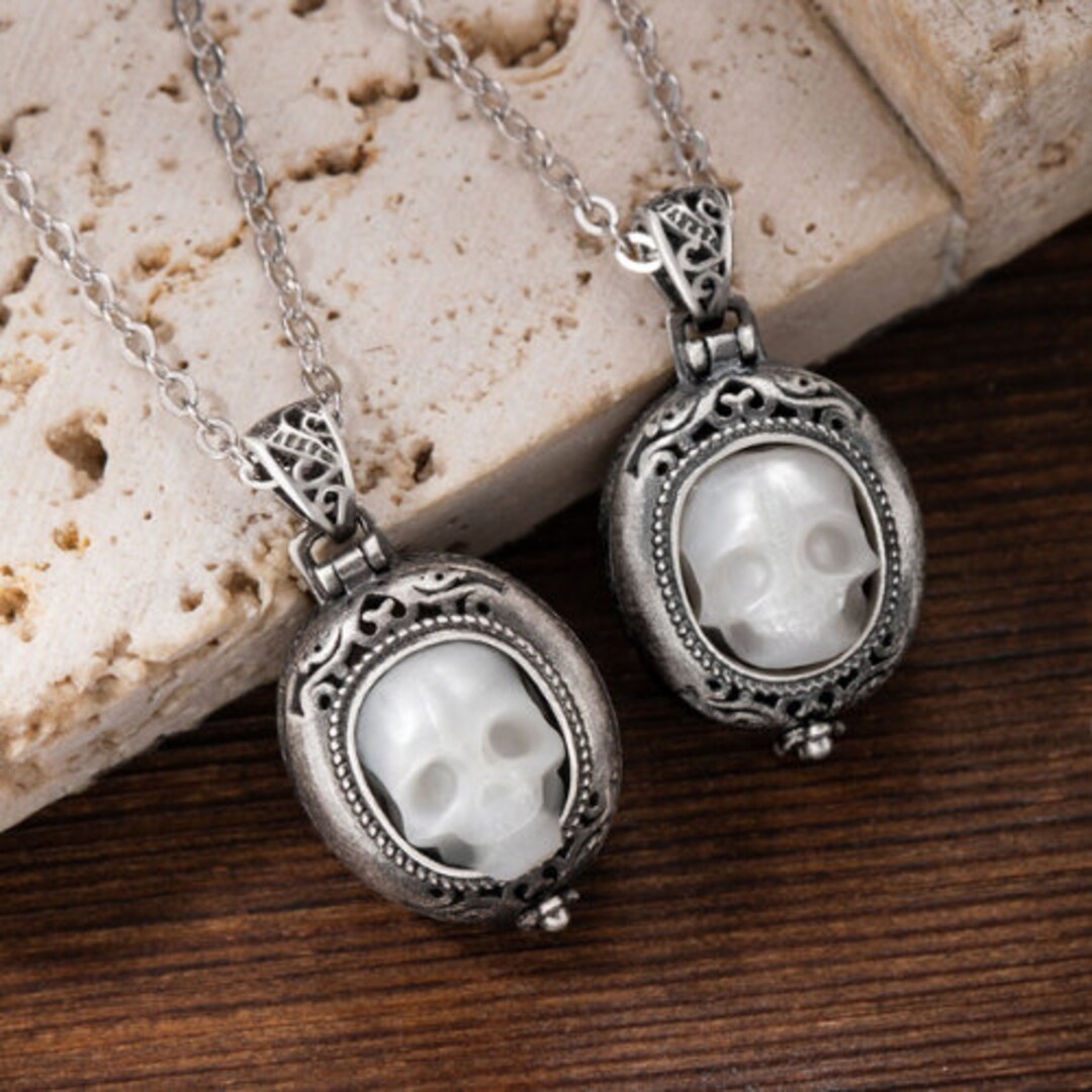 Skull Locket Necklace With Engraving, Carved Pearl Skeleton, Halloween ...