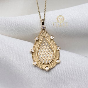 14K Gold Pendant, Customizable Grid Necklace, Gold Drop, Handmade Drop ...