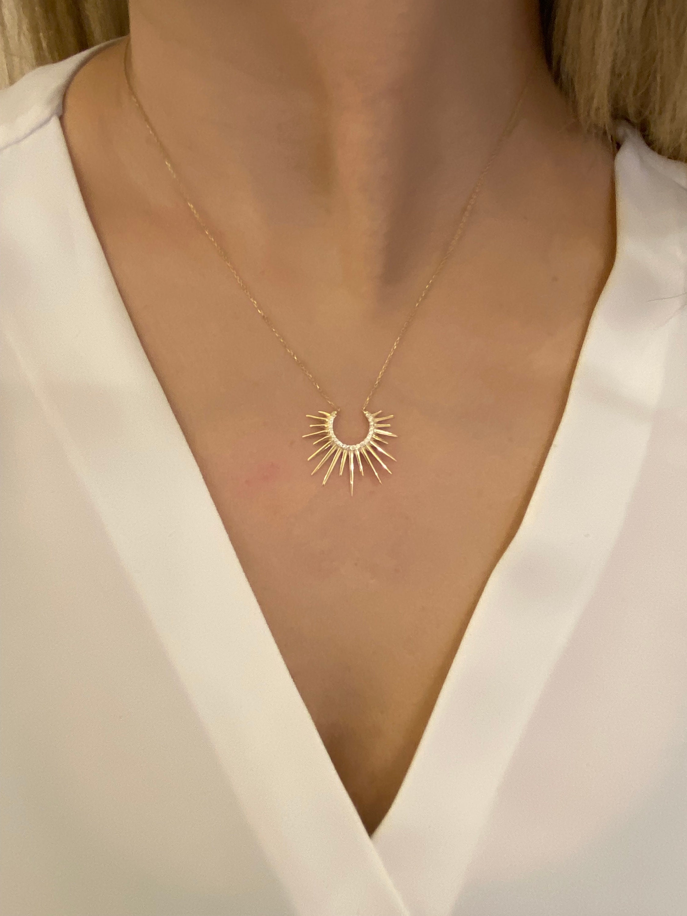 14K Gold Sunburst Necklace, Spikey Gold Sun Pendant, Crescent Necklace ...
