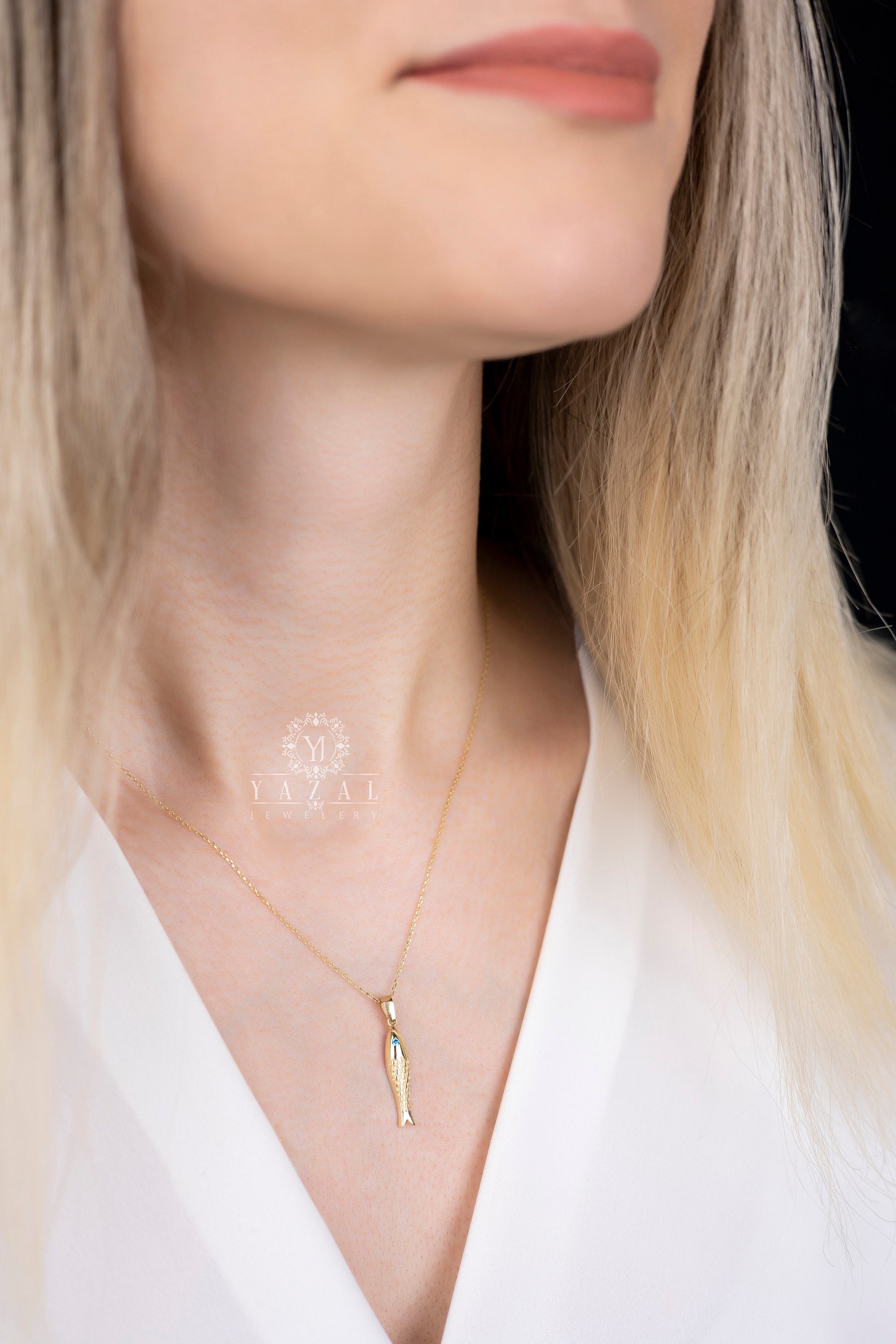 14K Gold Fish Necklace, Stone Fish Pendant, Surfer's Talisman, Special ...