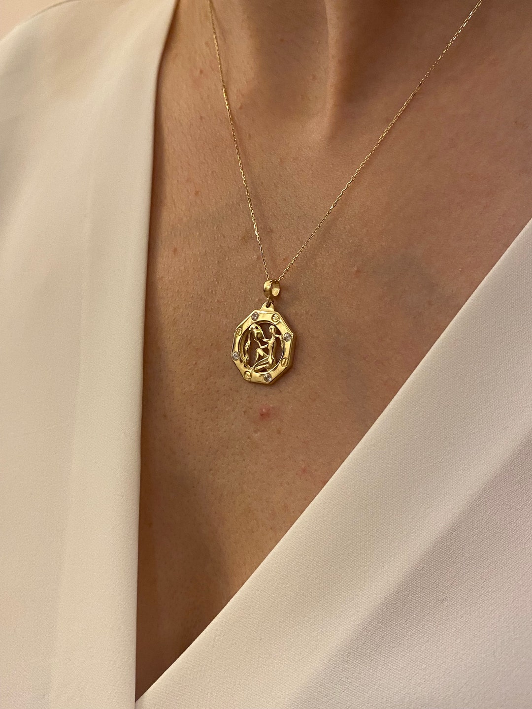 14K Gold Zodiac Pendant Necklace, 14K Aquarius Horoscope Necklace ...