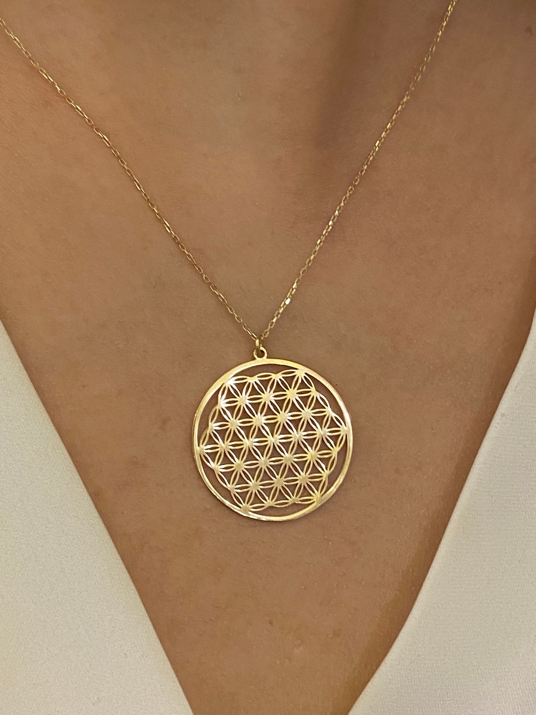 14K Gold Flower of Life Necklace, Sacred Geometry Mandala, Minimalist ...