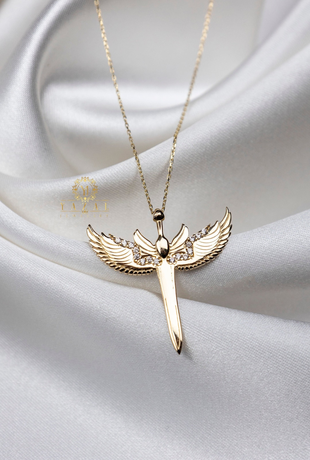 14K Gold Angel Pendant, Angel Necklace, Angel With Diamond, Gift for ...