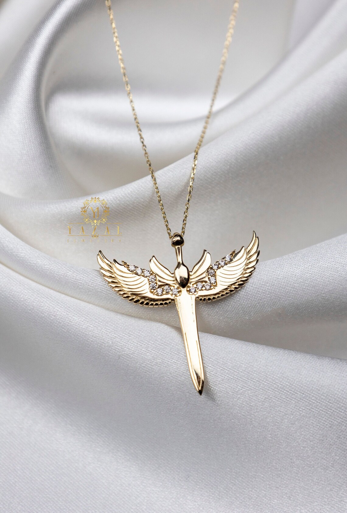 14K Gold Angel Pendant, Angel Necklace, Angel With Diamond, Gift for ...