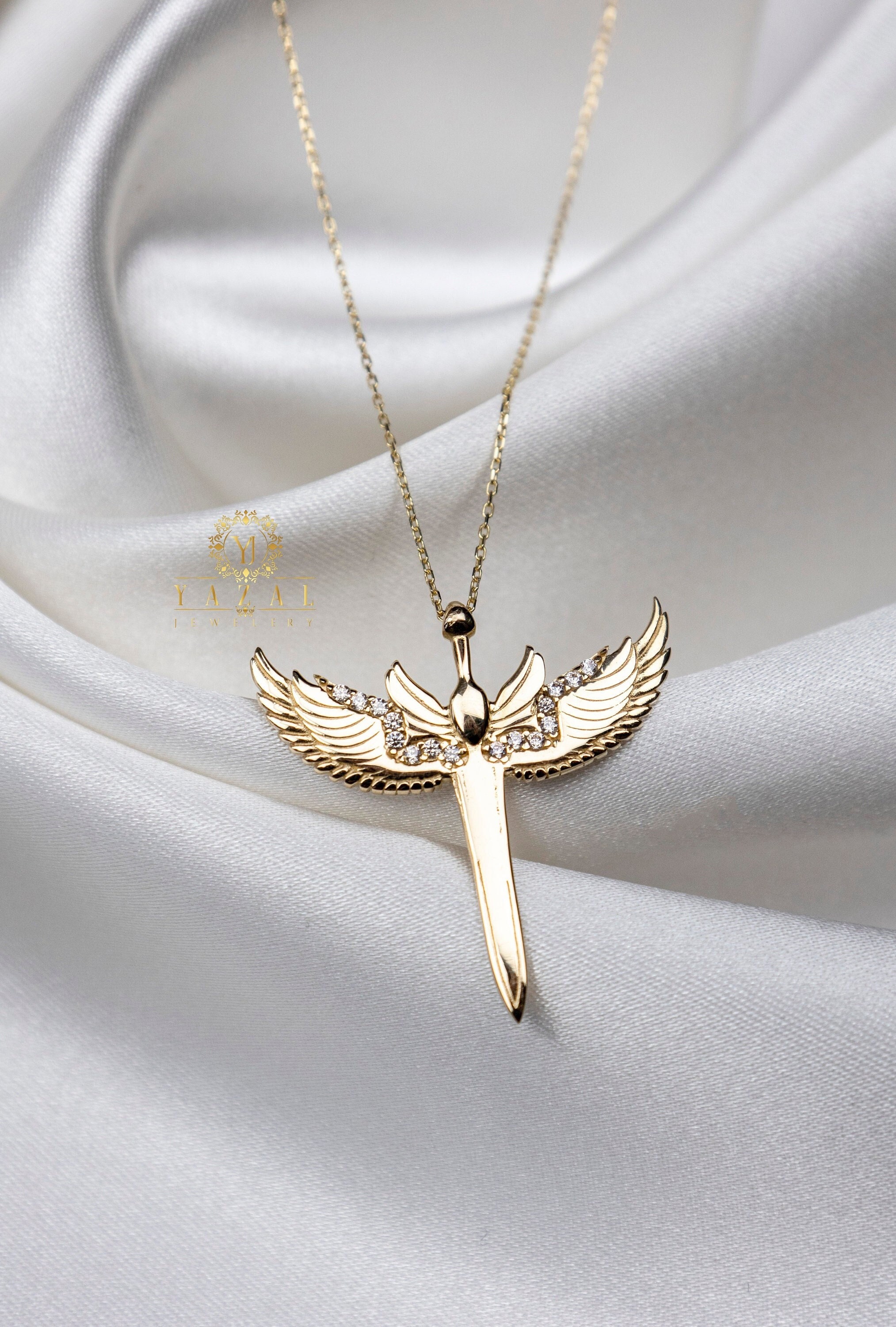 14K Gold Angel Pendant, Angel Necklace, Angel With Diamond, Gift for ...