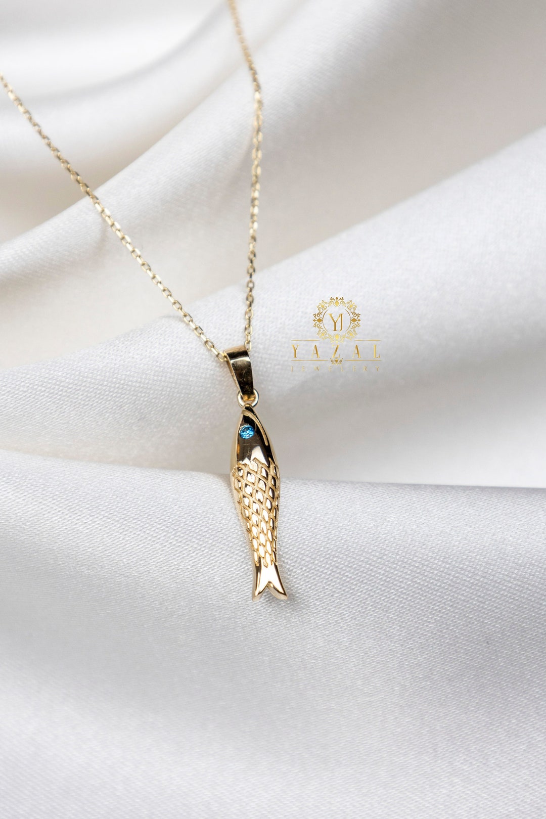 14K Gold Fish Necklace, Stone Fish Pendant, Surfer's Talisman, Special ...