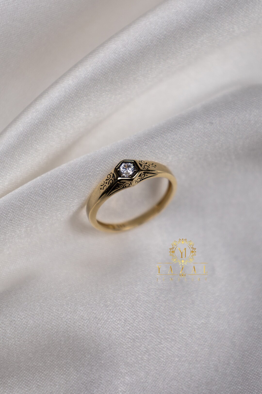 14K Gold Single Stone Angular Ring, Minimalist Ring, Real Gold Ring ...