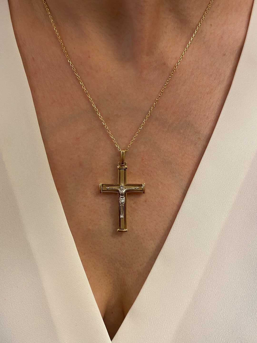 14k Solid Gold Cross Necklace, Gold Crucifix Cross Pendant, Custom ...