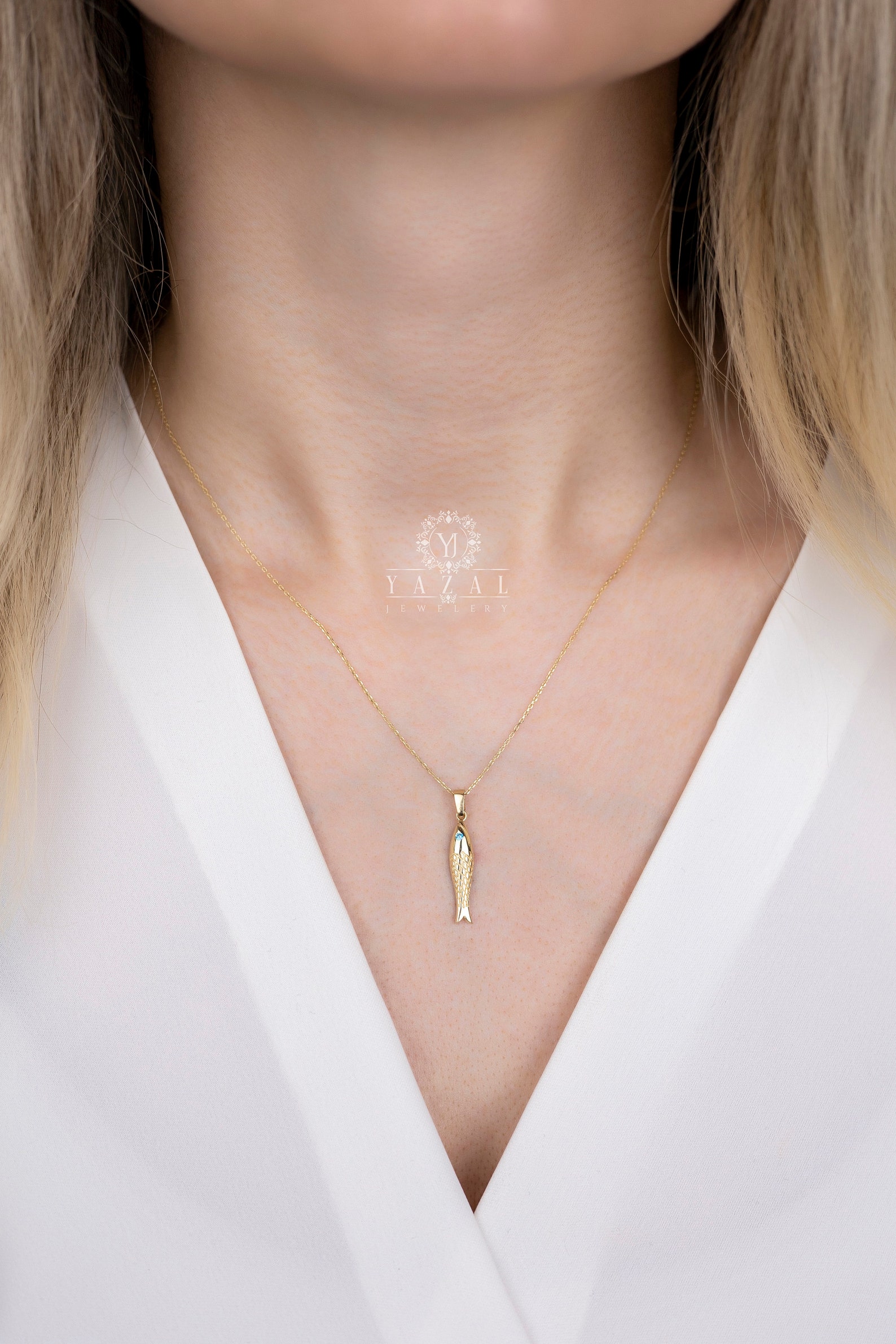 14K Gold Fish Necklace, Stone Fish Pendant, Surfer's Talisman, Special ...