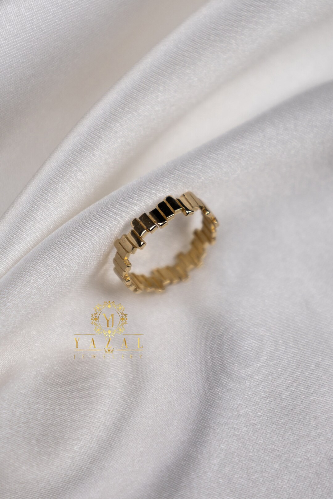 14K Gold Rhythm Ring, 14k Rectangular Line Ring, Minimalist Ring, Real ...