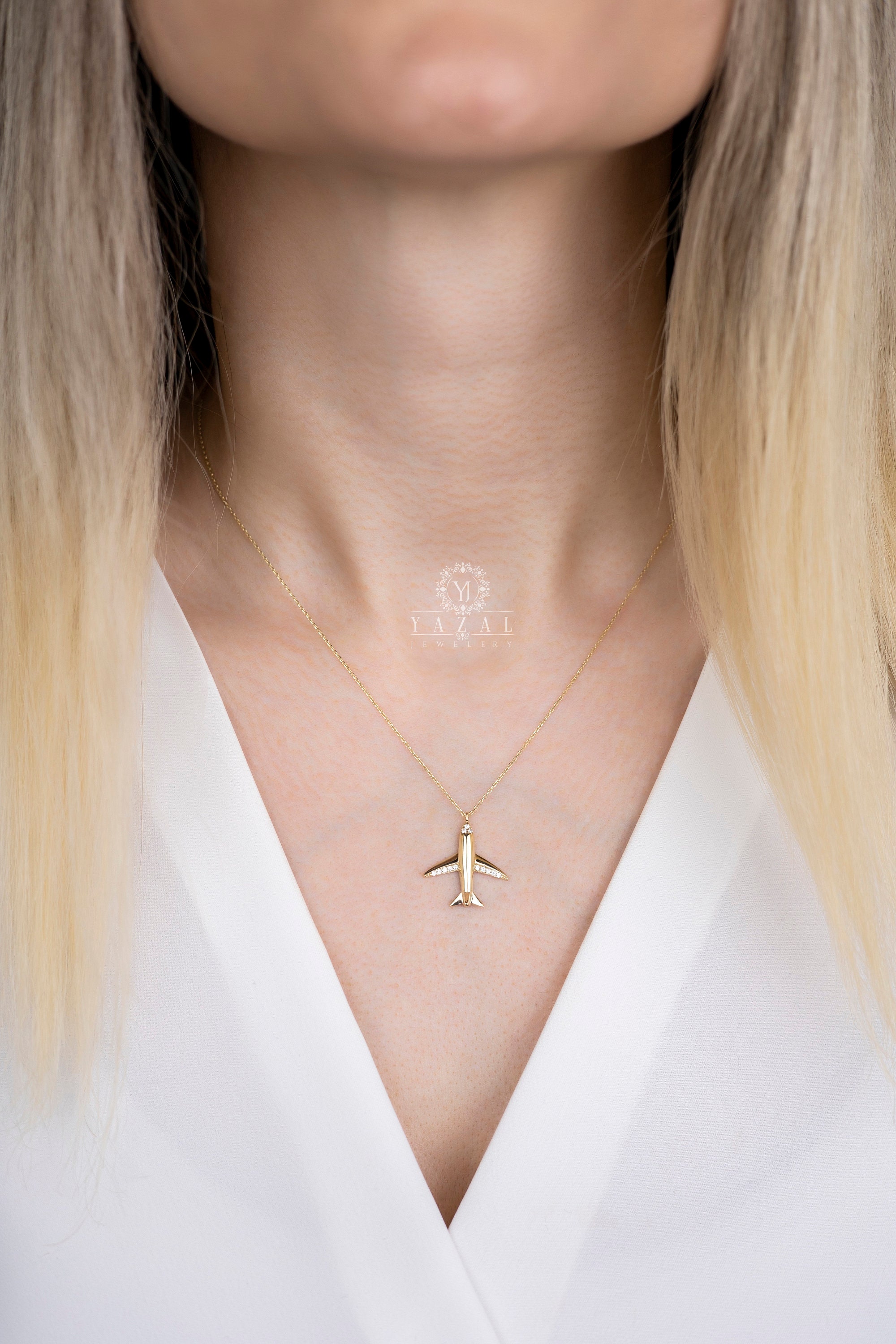 14k Gold Airplane Necklace, Gold Plane Charm,aviation Staff Gift ...