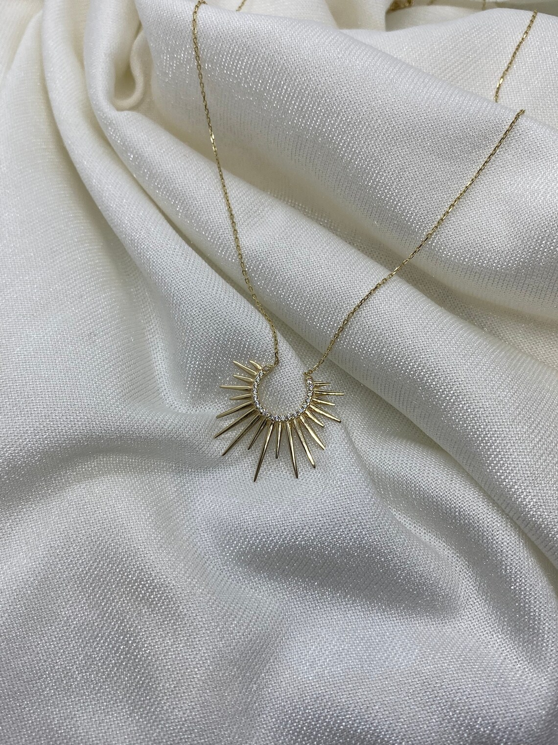 14K Gold Sunburst Necklace, Spikey Gold Sun Pendant, Crescent Necklace ...