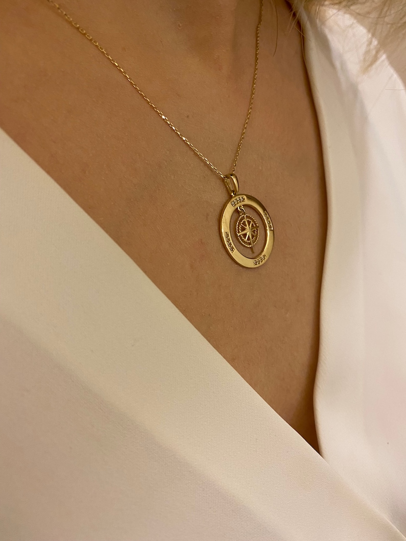 14K Gold Compass Necklace, Compass With Diamond Charm, Compass Charm ...