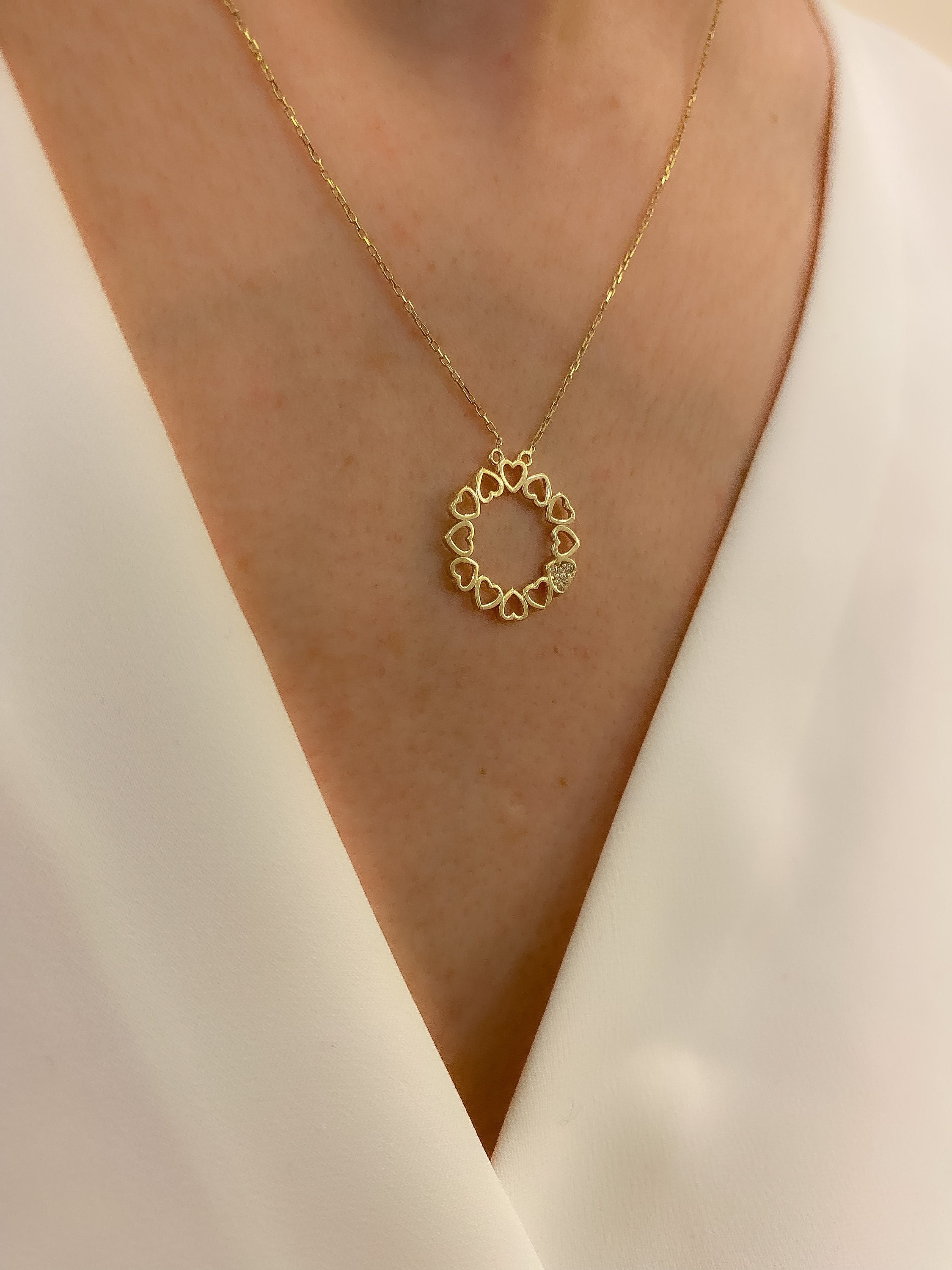 14K Solid Gold 12 Hearts in Circle Pendant Filigree Hearts - Etsy