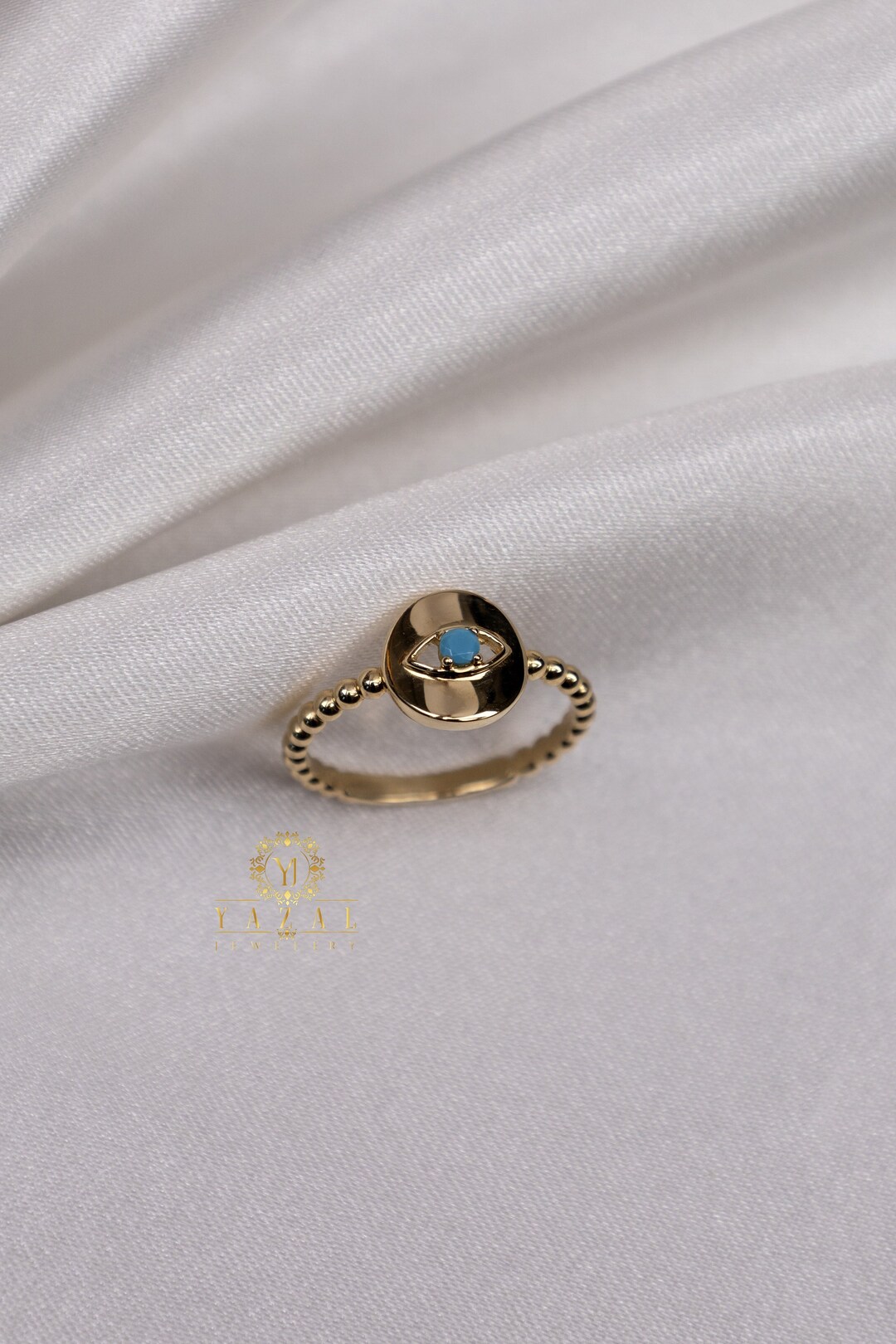 14k Gold Evil Eye Ring, Blue Evil Eye Ring, Hand-made Ring , Stackable ...