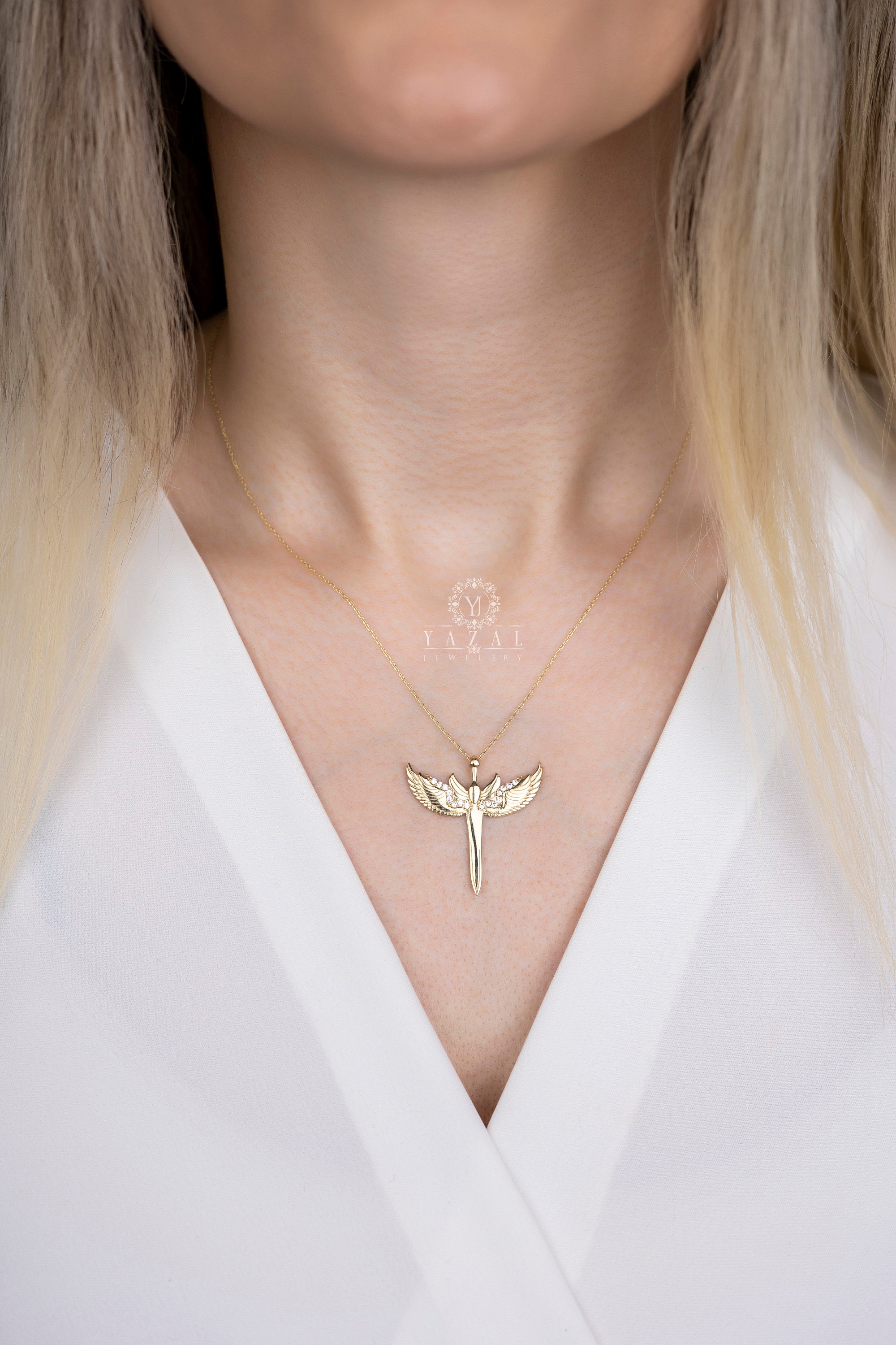 14K Gold Angel Pendant, Angel Necklace, Angel With Diamond, Gift for ...