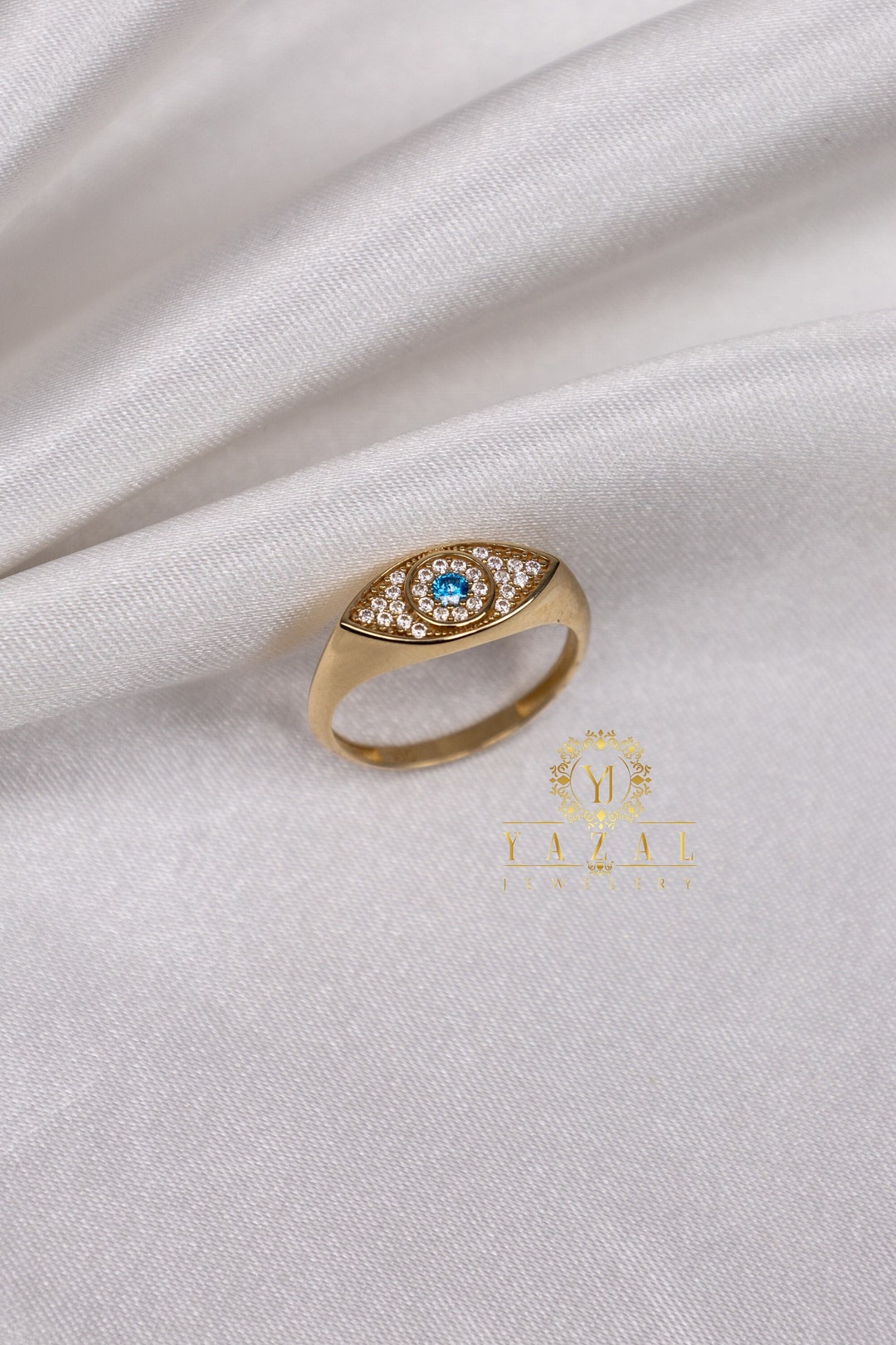 14k Gold Evil Eye Ring, Blue Evil Eye Ring, Hand-made Ring , Stackable ...