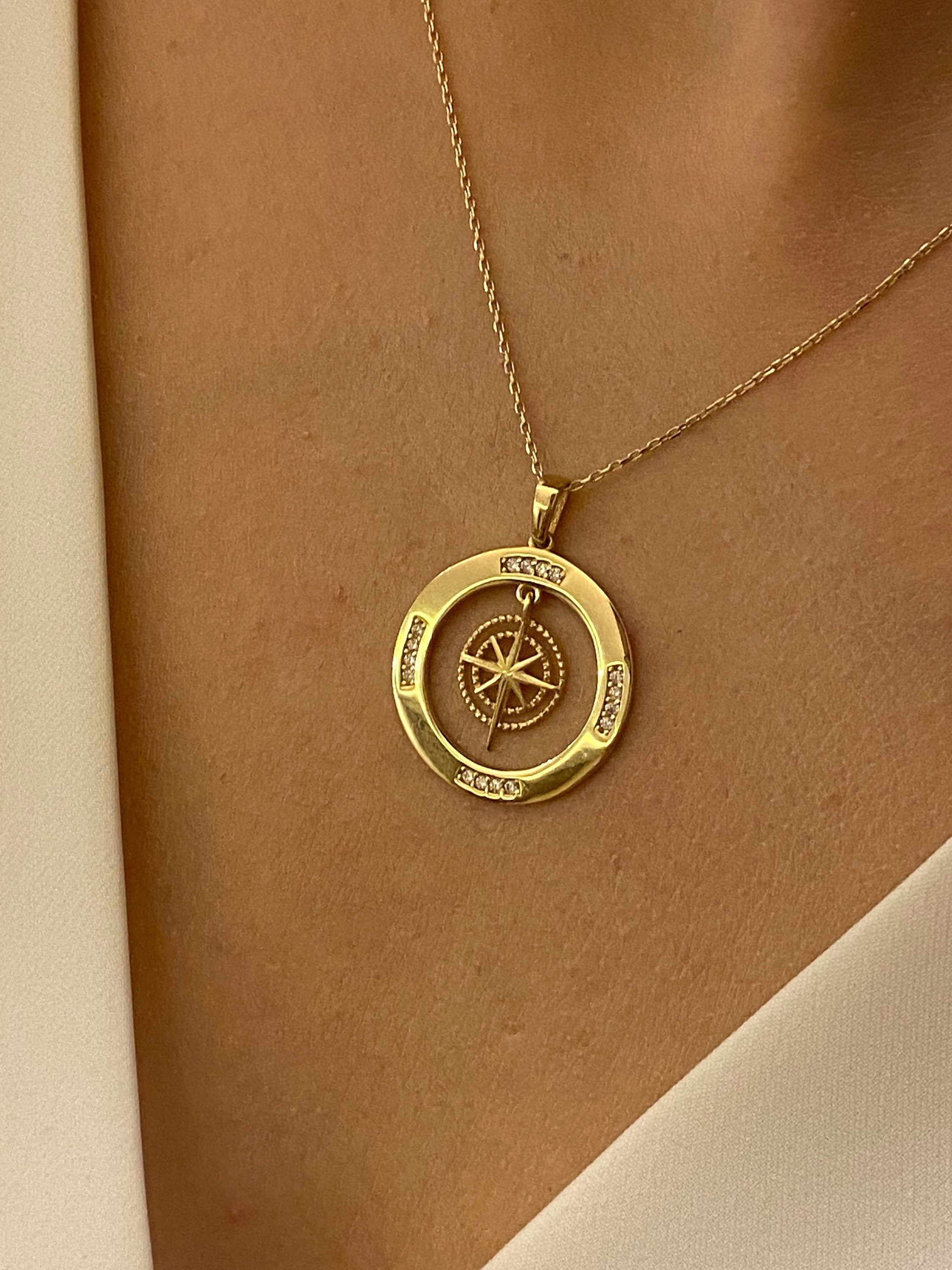 14K Gold Compass Necklace Compass With Diamond Charm Compass - Etsy