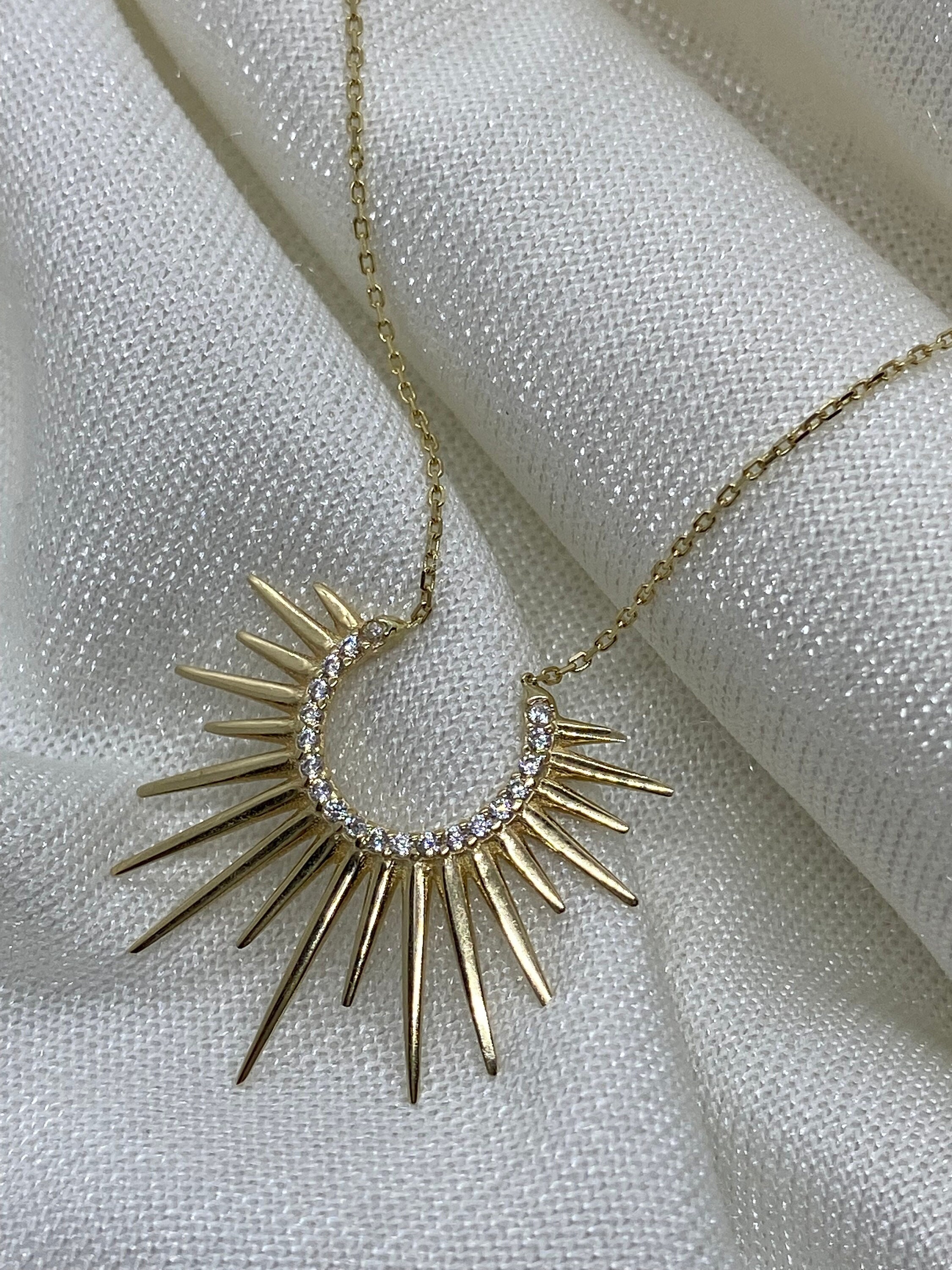 14K Gold Sunburst Necklace, Spikey Gold Sun Pendant, Crescent Necklace ...