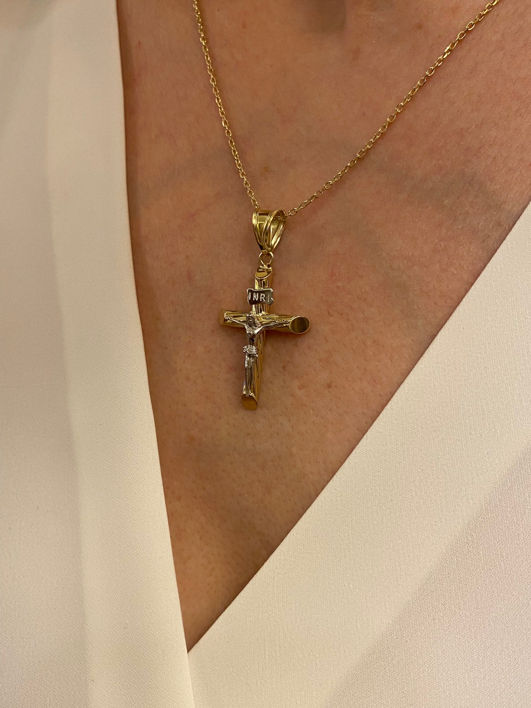 14k Solid Gold Cross Necklace, Gold Crucifix Cross Pendant, Custom ...