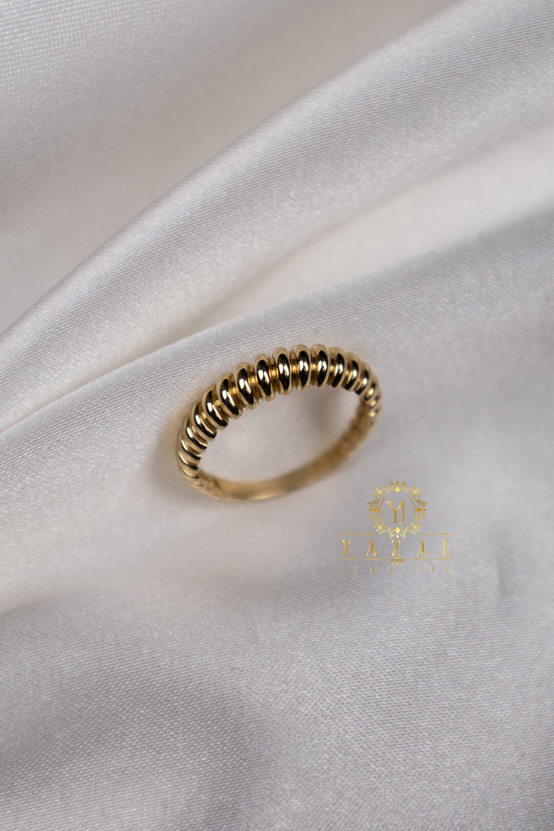 14K Gold Twirl Pattern Ring, 14K Tropic Ring, Gold Joint Textured Ring ...