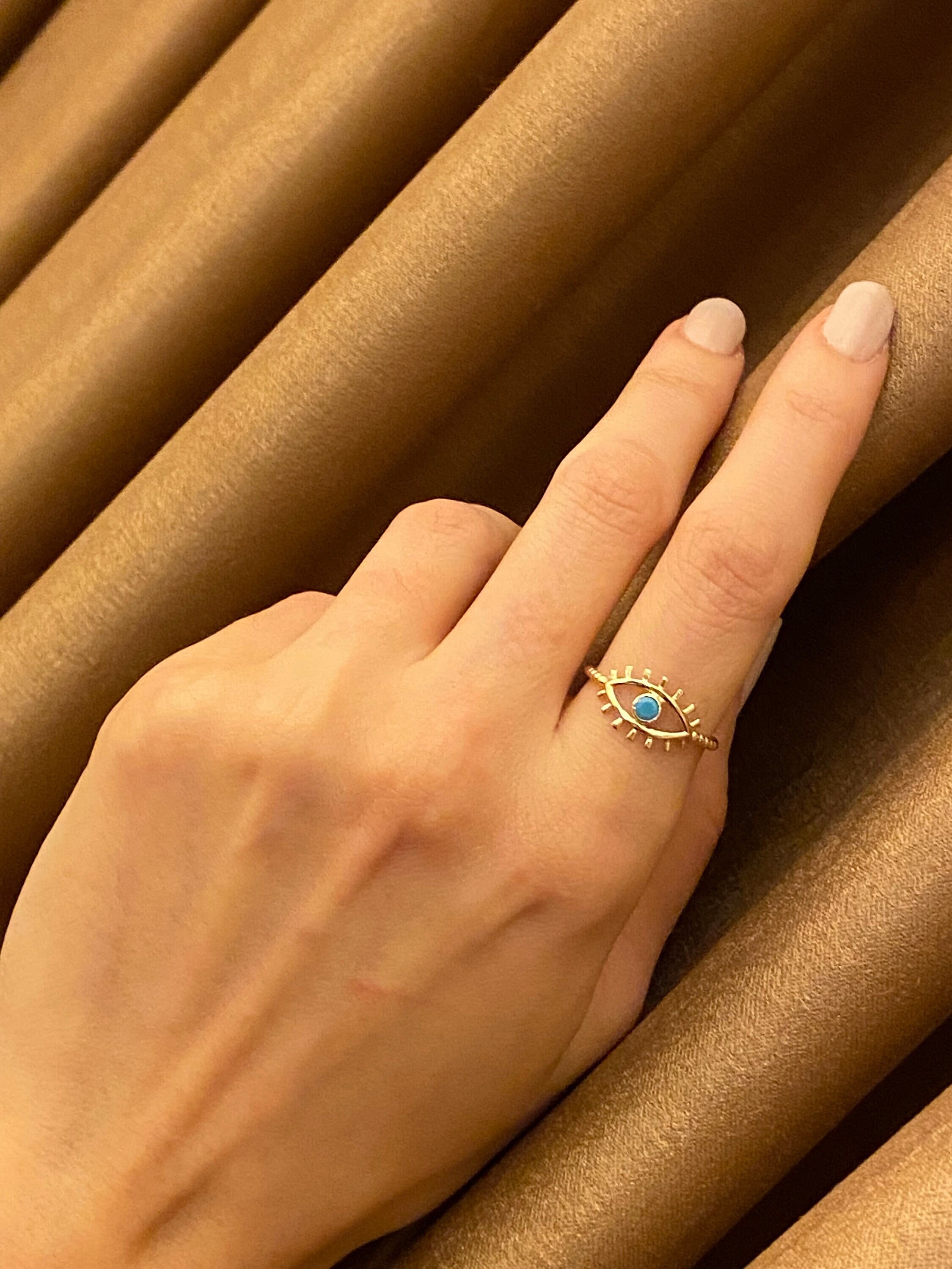 14k Solid Gold Evil Eye Ring Blue Evil Eye Ring Hand-made - Etsy