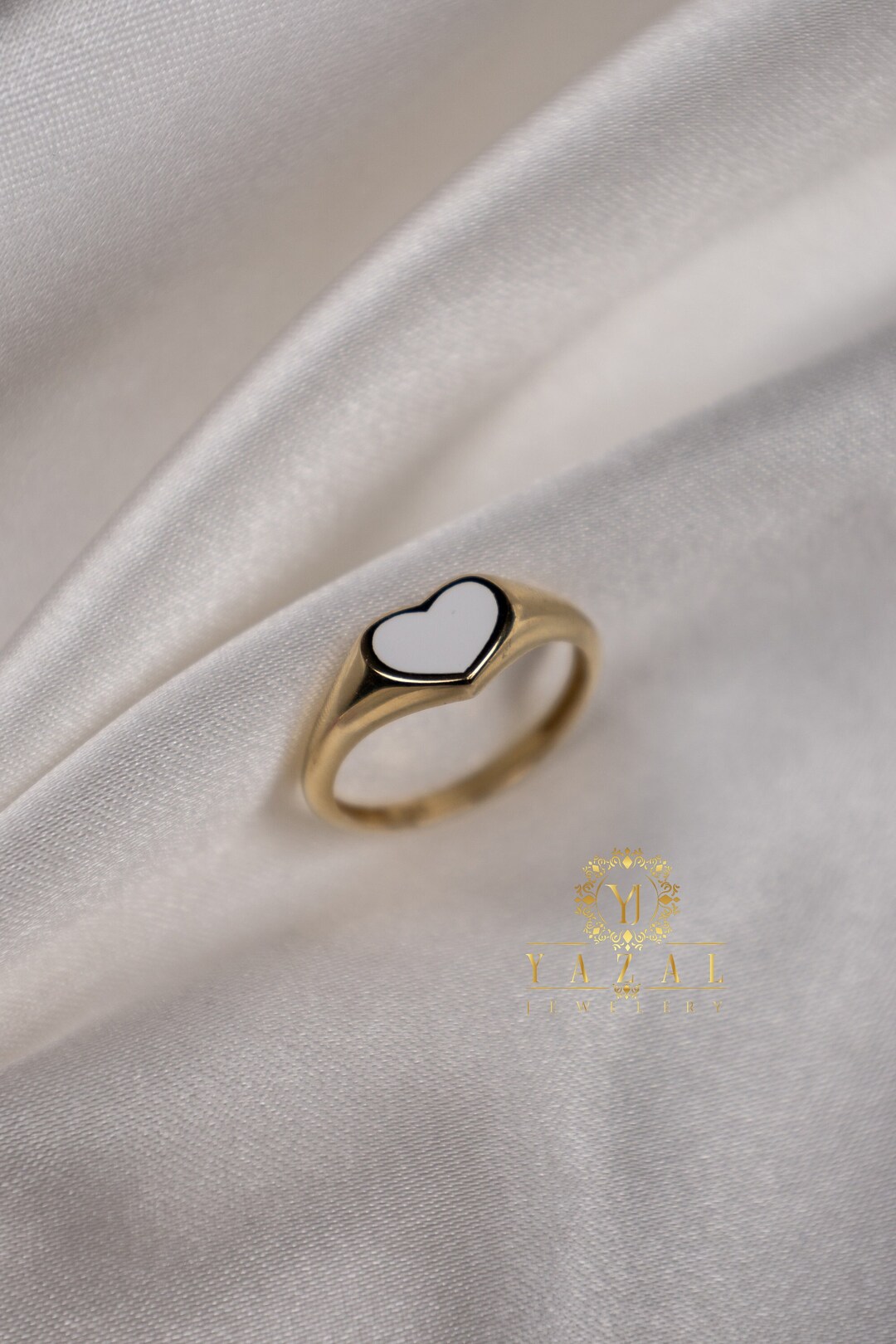 14K Gold Heart Ring, 14k White Enamel Heart Ring, Minimalist Ring, Real ...